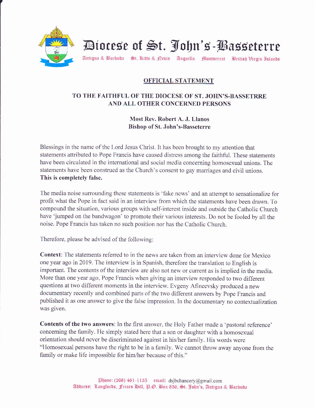 Statement from Bishop Robert Llanos on Pope Francis statement on ‘Civil ...