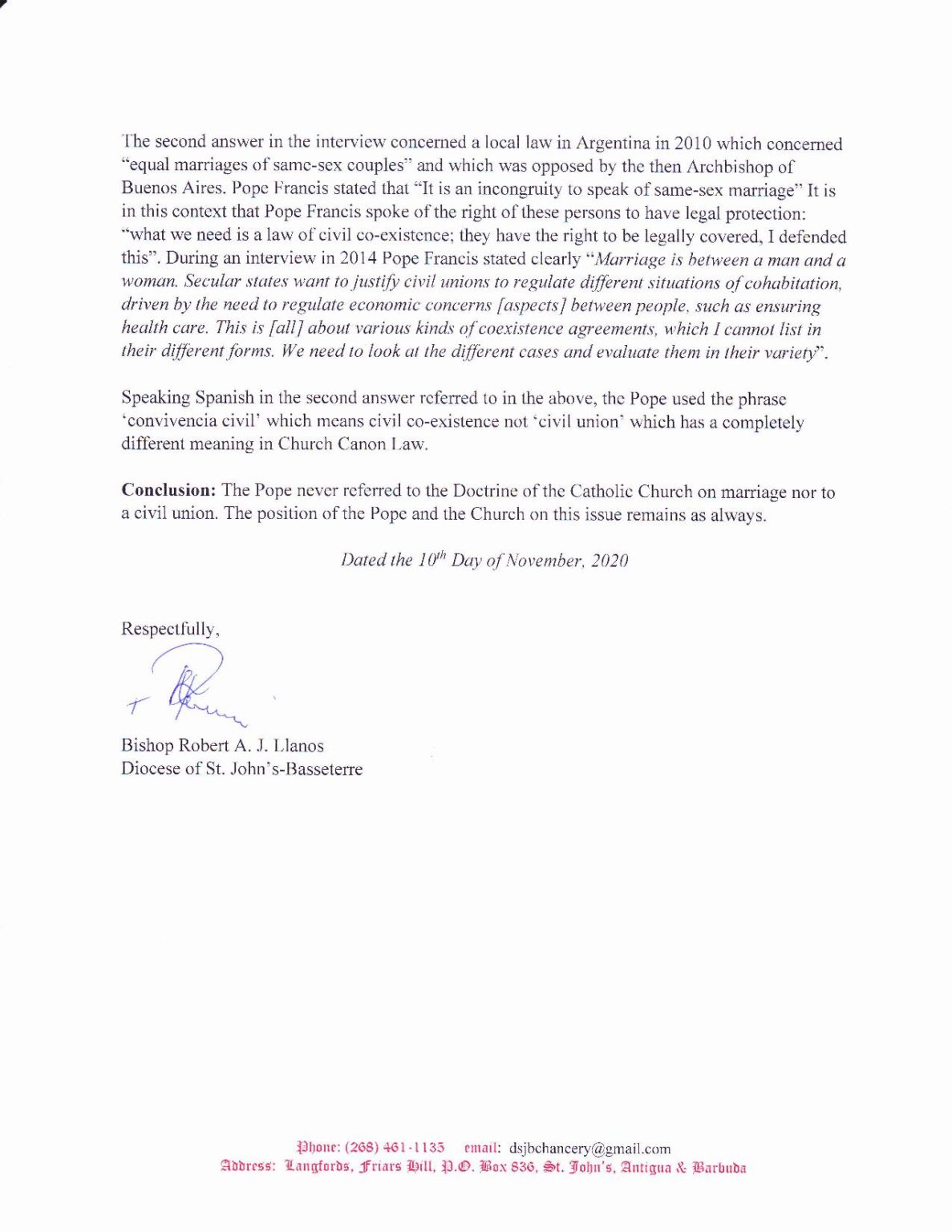 Statement from Bishop Robert Llanos on Pope Francis statement on ‘Civil ...