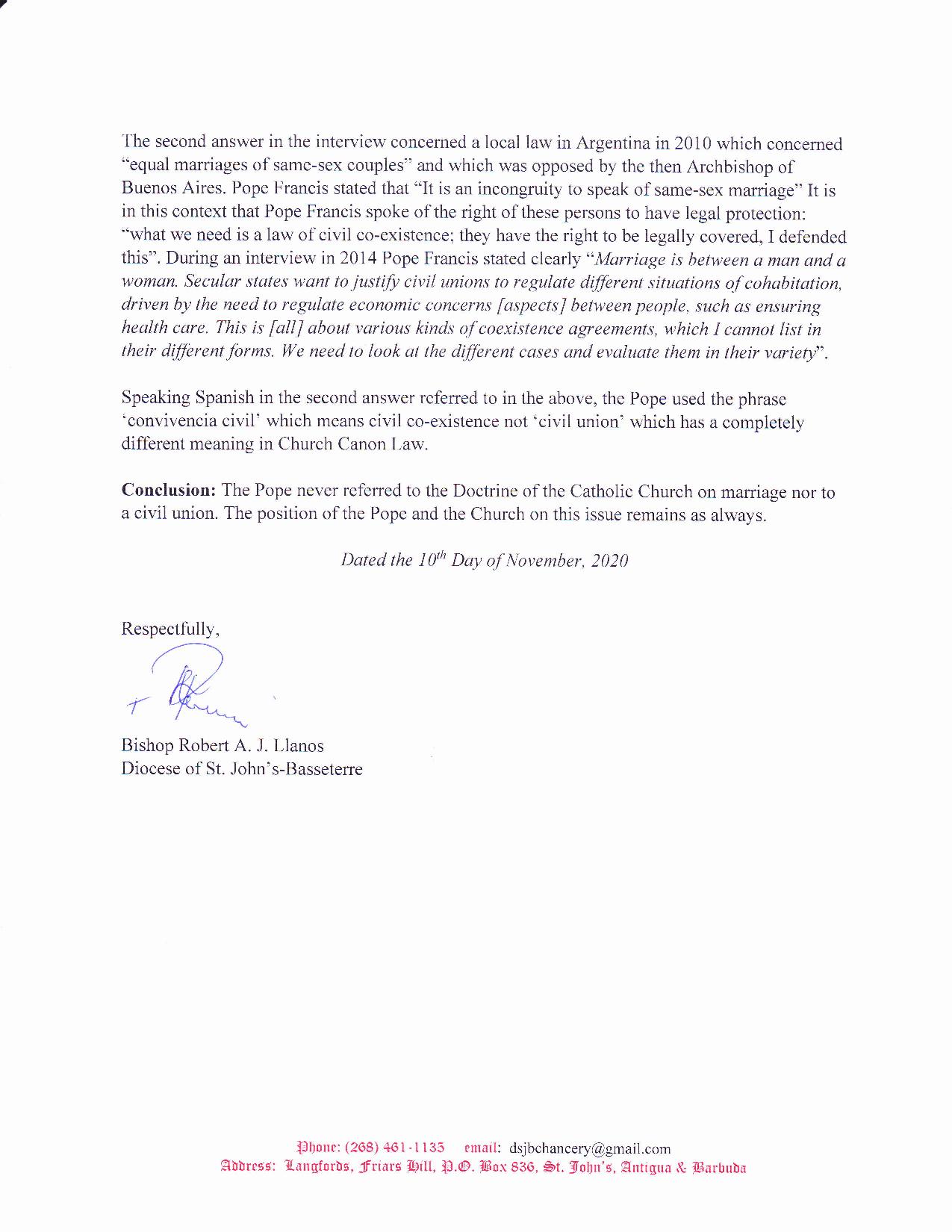 Statement from Bishop Robert Llanos on Pope Francis statement on ‘Civil ...